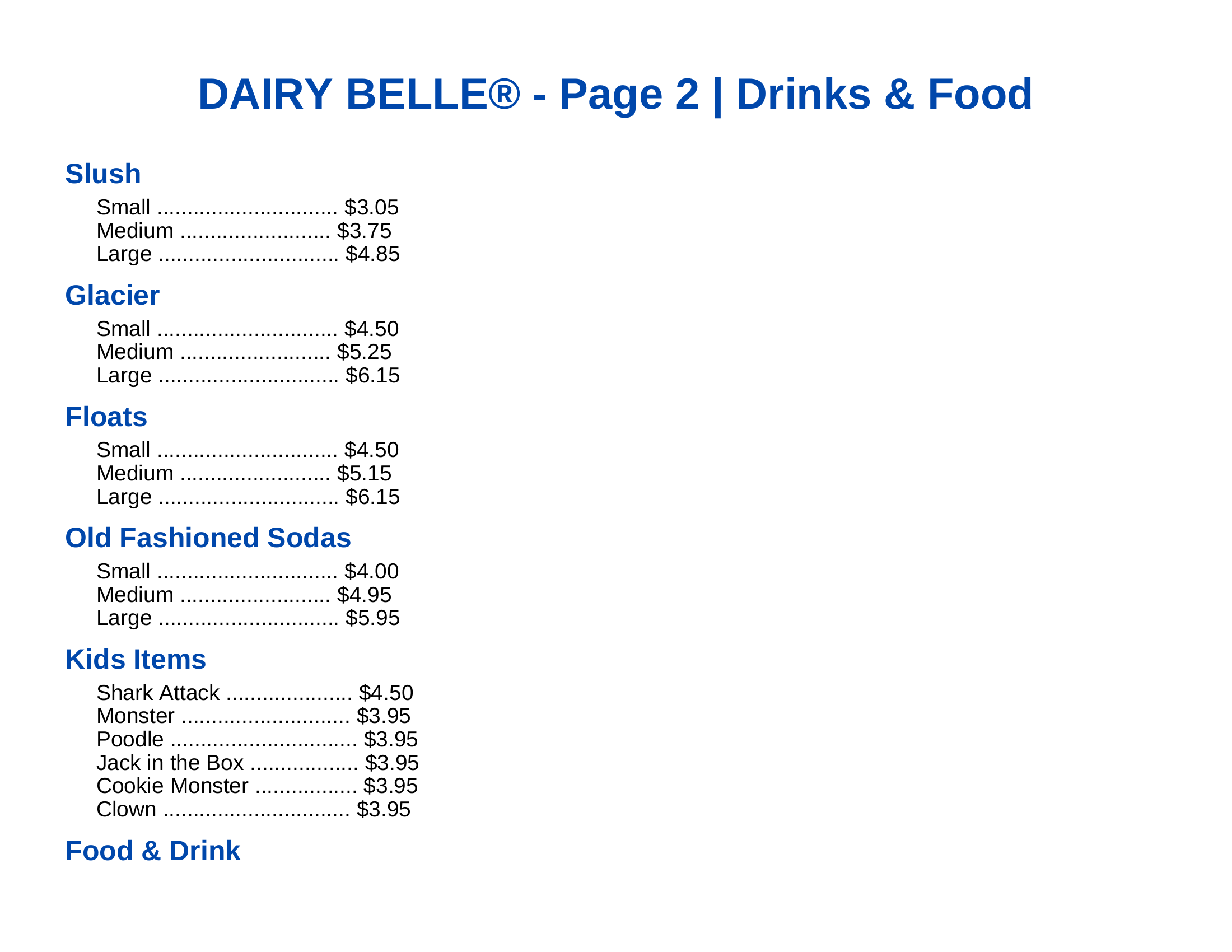 Dairy Belle Menu List